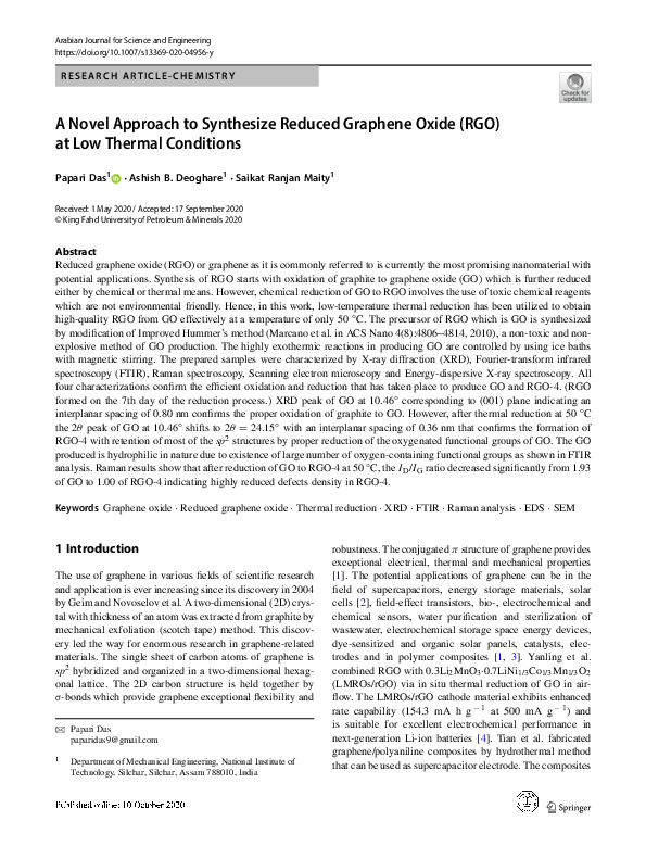(PDF) A Novel Approach to Synthesize Reduced Graphene Oxide (RGO) at ...