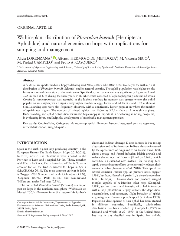 (PDF) Within-plant distribution of Phorodon humuli (Hemiptera ...