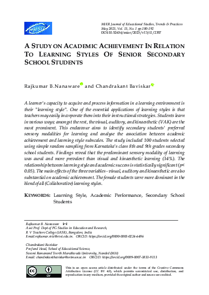 (PDF) A Study on Academic Achievement in Relation to Learning Styles of Senior Secondary School ...