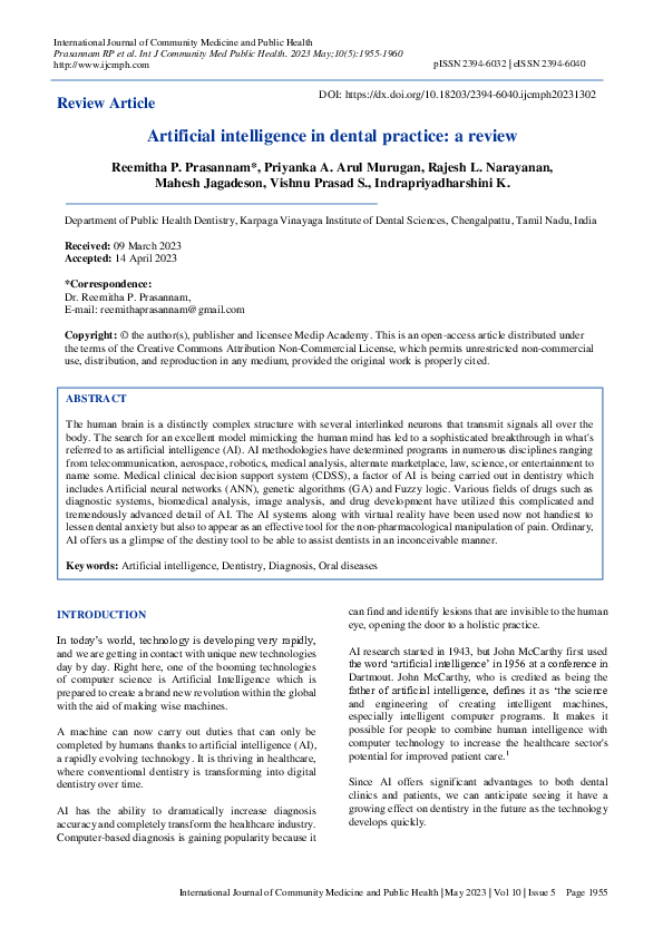 (PDF) Artificial intelligence in dental practice: a review