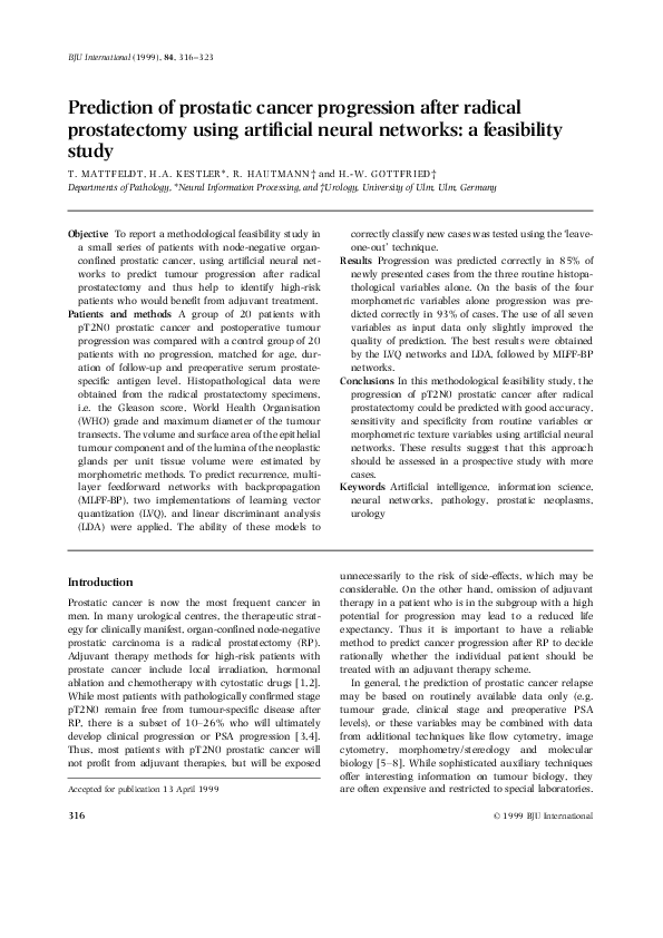 (PDF) Prediction of prostatic cancer progression after radical prostatectomy using artificial ...