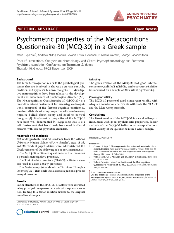Pdf Psychometric Properties Of The Metacognitions Questionnaire 30 Mcq 30 In A Greek Sample