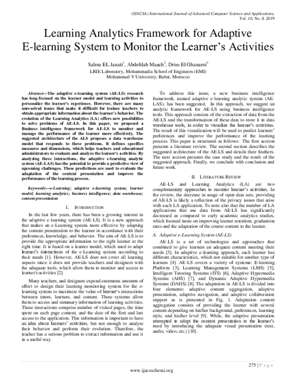 Pdf Learning Analytics Framework For Adaptive E Learning System To Monitor The Learners