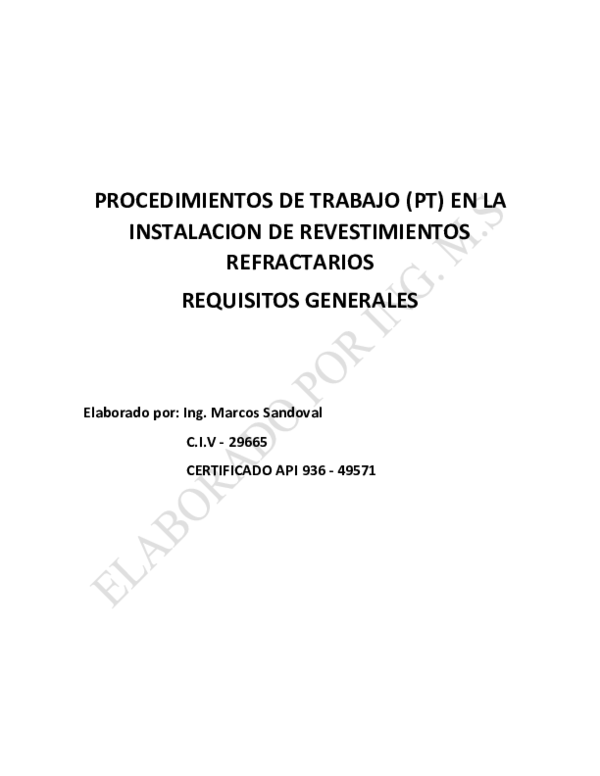 (PDF) PROCEDIMIENTOS DE TRABAJO (PT) EN INSTALACION DE REVESTIMIENTOS REFRACTARIOS