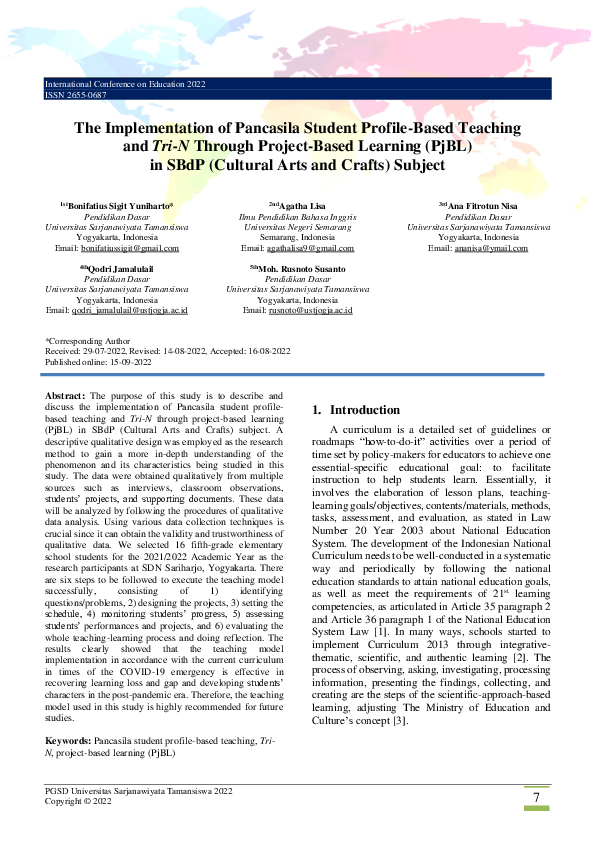 (PDF) Pancasila-Based Project Learning in Arts Education
