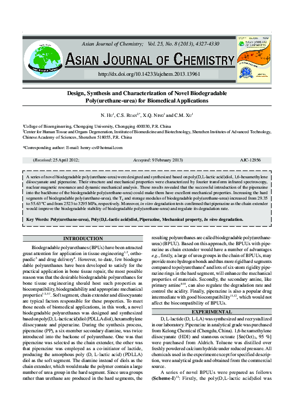 Pdf Design Synthesis And Characterization Of Novel Biodegradable Poly Urethane Urea For