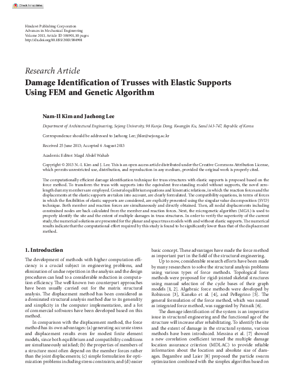 (PDF) Damage Identification of Trusses with Elastic Supports Using FEM and Genetic Algorithm