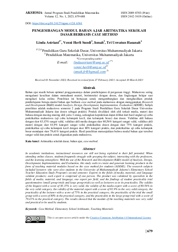 (PDF) Pengembangan Modul Bahan Ajar Aritmatika Sekolah Dasar Berbasis Case Methode