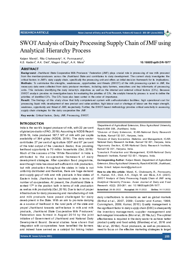 (PDF) SWOT Analysis of JMF Dairy Supply Chain