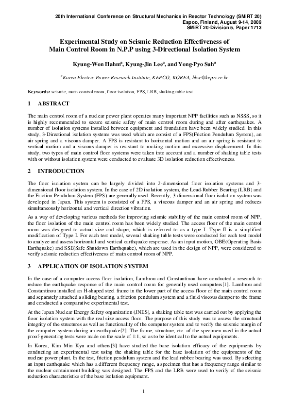 (PDF) Experimental Study on Seismic Reduction Effectiveness of Main Control Room in N.P.P using ...