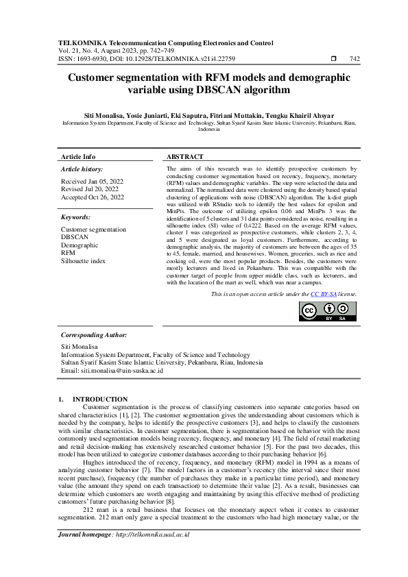 Pdf Customer Segmentation With Rfm Models And Demographic Variable Using Dbscan Algorithm 0450