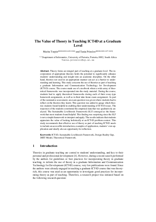 (PDF) The Value of Theory in Teaching ICT4D at a Graduate Level | Tania ...