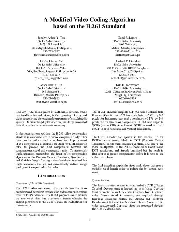 Pdf A Modified Video Coding Algorithm Based On The H261 Standard