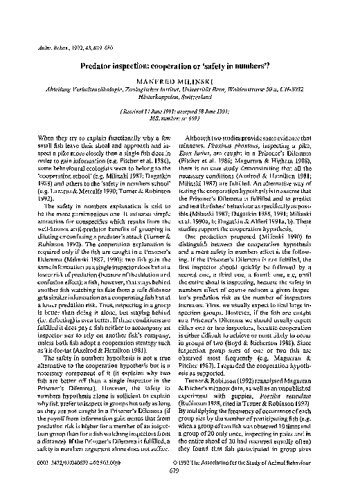 (PDF) Predator inspection: cooperation or ‘safety in numbers’?