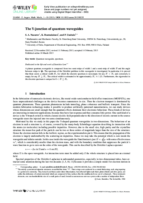 Pdf The Y Junction Of Quantum Waveguides Keijo Ruotsalainen