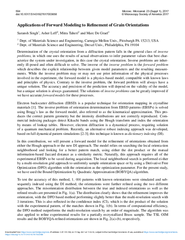 (PDF) Applications of Forward Modeling to Refinement of Grain Orientations