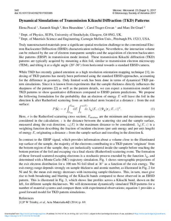 (PDF) Dynamical Simulations of Transmission Kikuchi Diffraction (TKD) Patterns | Saransh Singh ...