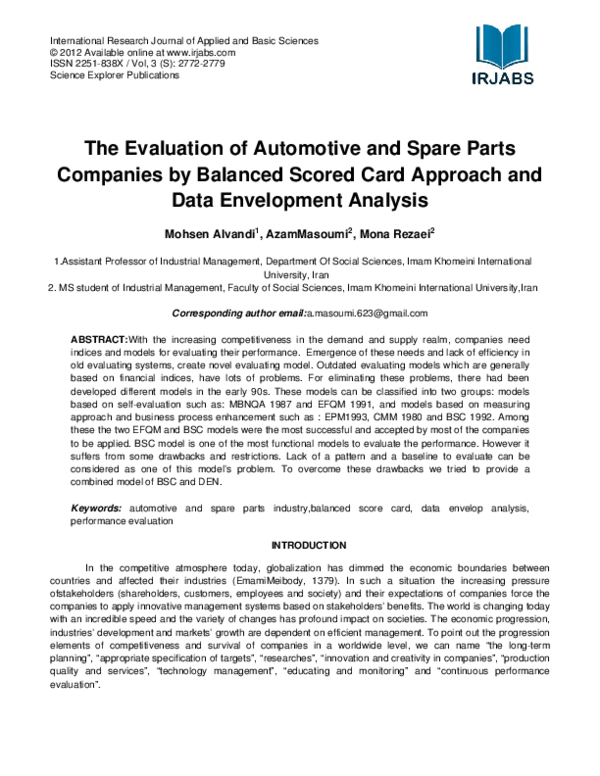 (PDF) The Evaluation of Automotive and Spare Parts Companies by Balanced Scored Card Approach ...
