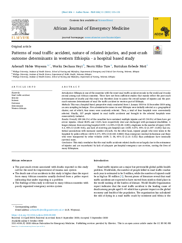 (PDF) Patterns of road traffic accident, nature of related injuries ...