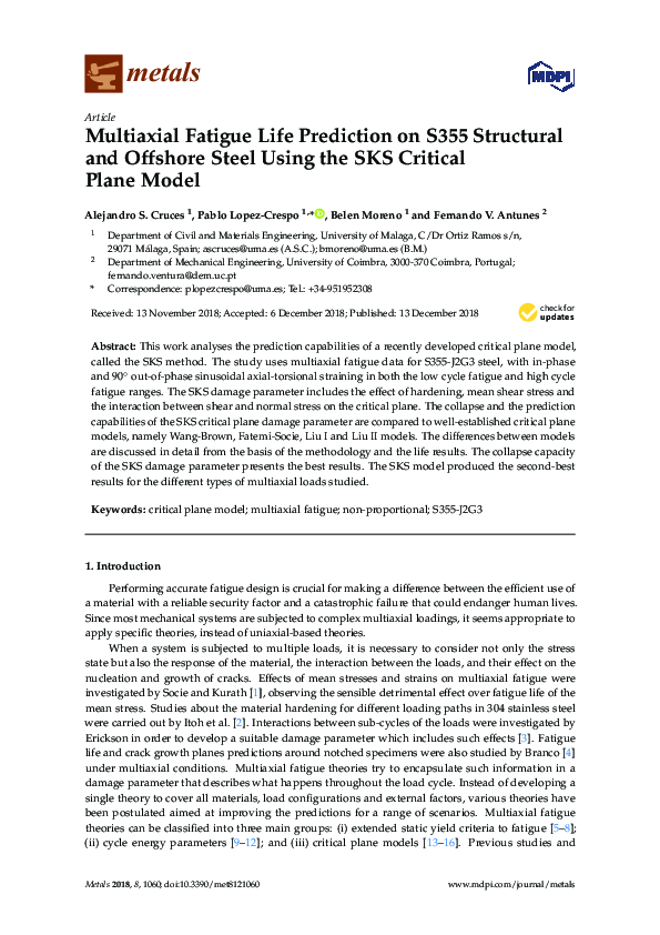 Pdf Multiaxial Fatigue Life Prediction On S355 Structural And Offshore Steel Using The Sks
