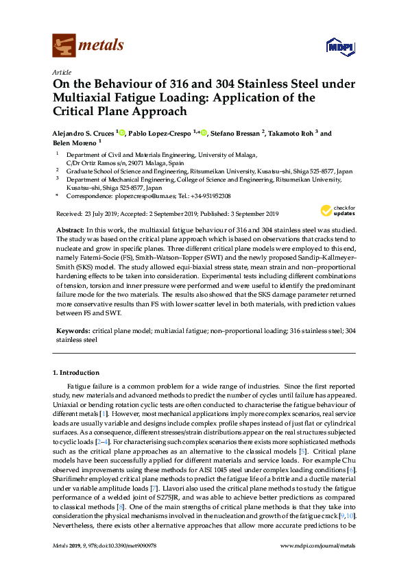 (PDF) On the Behaviour of 316 and 304 Stainless Steel under Multiaxial Fatigue Loading ...