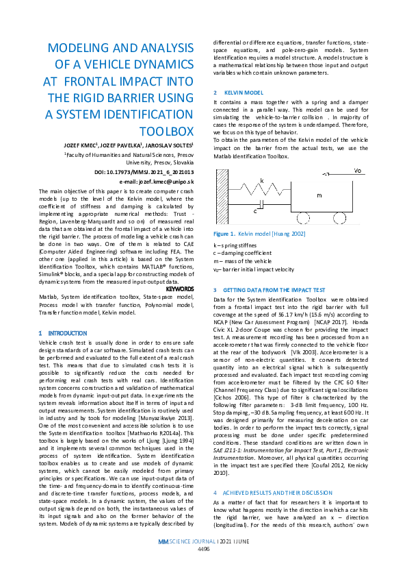 (PDF) Modeling and Analysis of a Vehicle Dynamics at Frontal Impact Into the Rigid Barrier Using ...