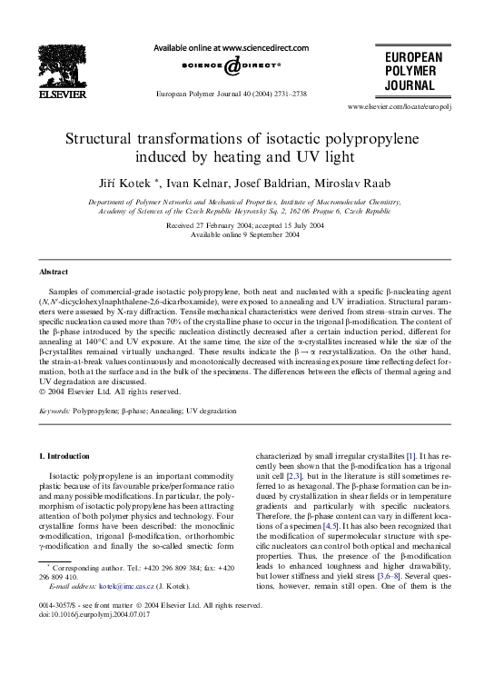 (PDF) Structural transformations of isotactic polypropylene induced by heating and UV light