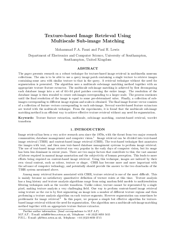 Pdf Texture Based Image Retrieval Using Multiscale Subimage Matching