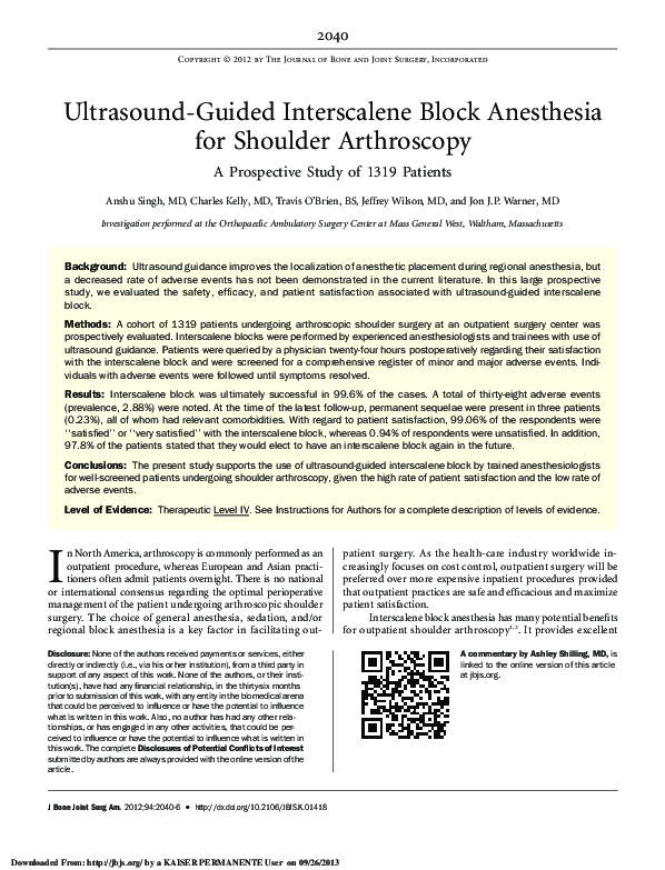 (PDF) Ultrasound-Guided Interscalene Block Anesthesia for Shoulder ...
