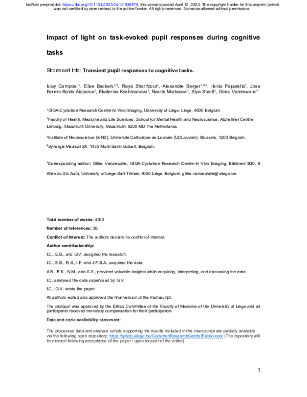 (PDF) Impact of light on task-evoked pupil responses during cognitive tasks