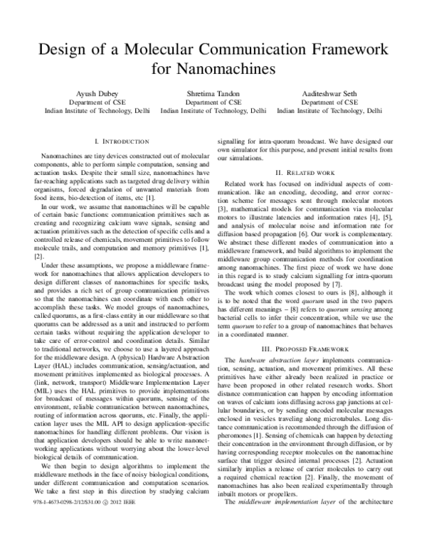 (PDF) Design of a molecular communication framework for nanomachines