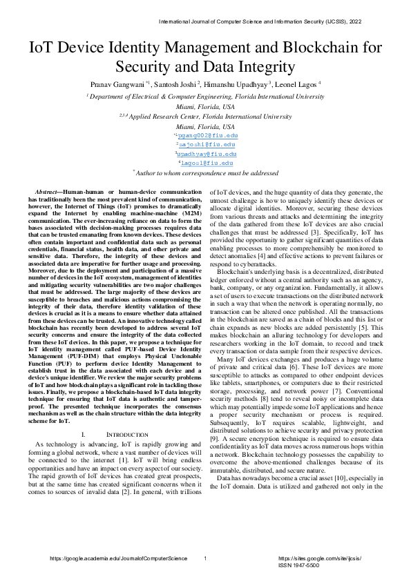 (PDF) IoT Device Identity Management and Blockchain for Security and Data Integrity