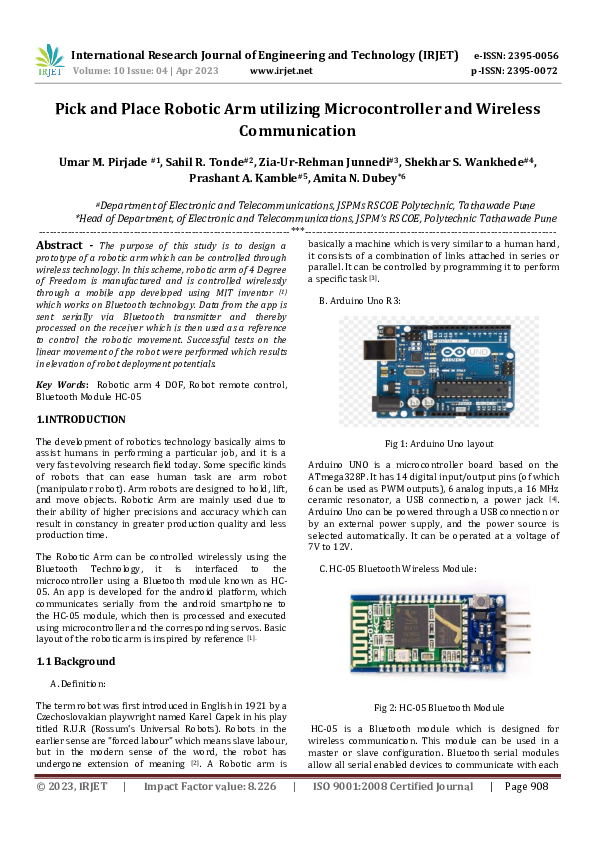 (PDF) Pick and Place Robotic Arm utilizing Microcontroller and Wireless Communication