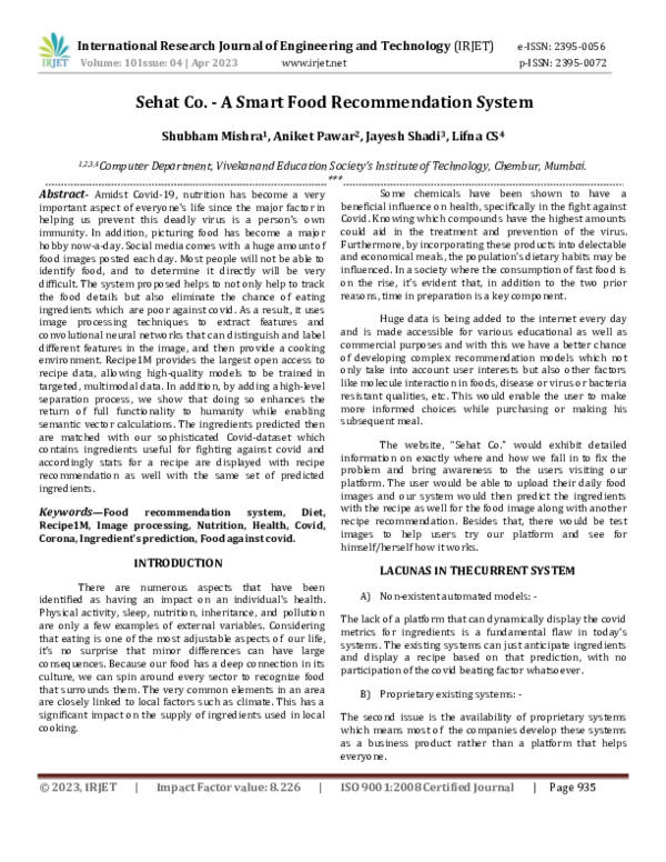 (PDF) Sehat Co. -A Smart Food Recommendation System