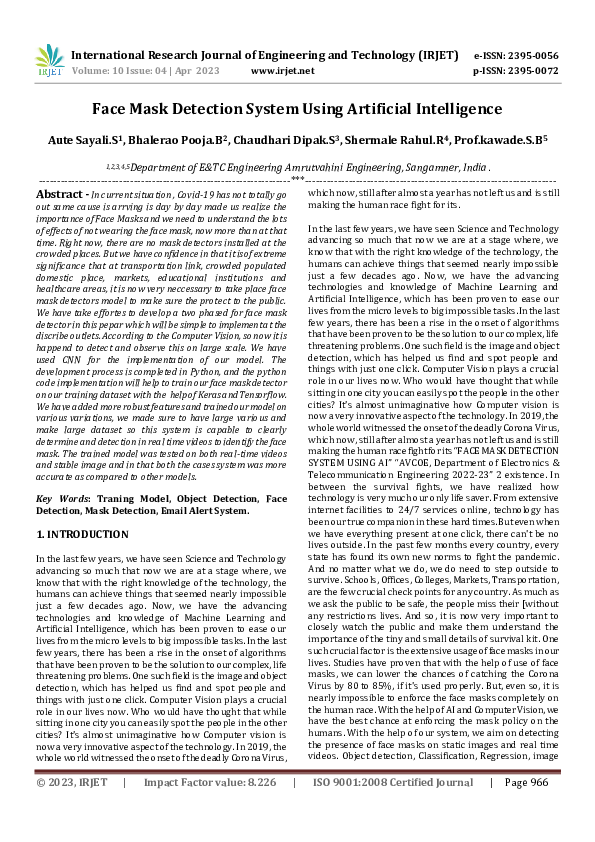 (PDF) Face Mask Detection System Using Artificial Intelligence