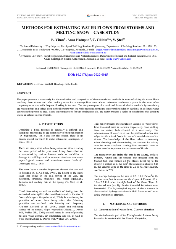(PDF) Methods for Estimating Water Flows from Storms and Melting Snow – Case Study