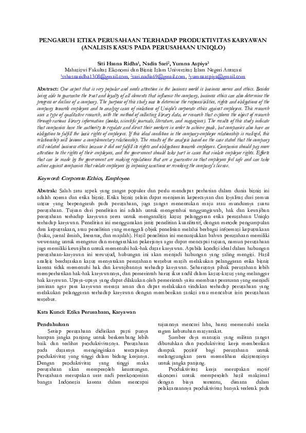 (PDF) PENGARUH ETIKA PERUSAHAAN TERHADAP PRODUKTIVITA KARYAWAN ...