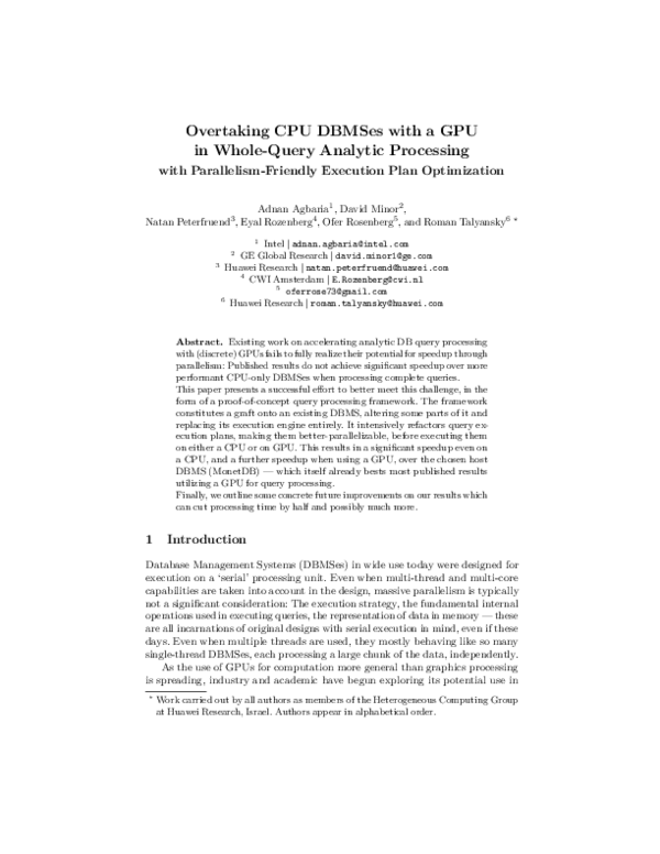 Pdf Overtaking Cpu Dbmses With A Gpu In Whole Query Analytic Processing With Parallelism