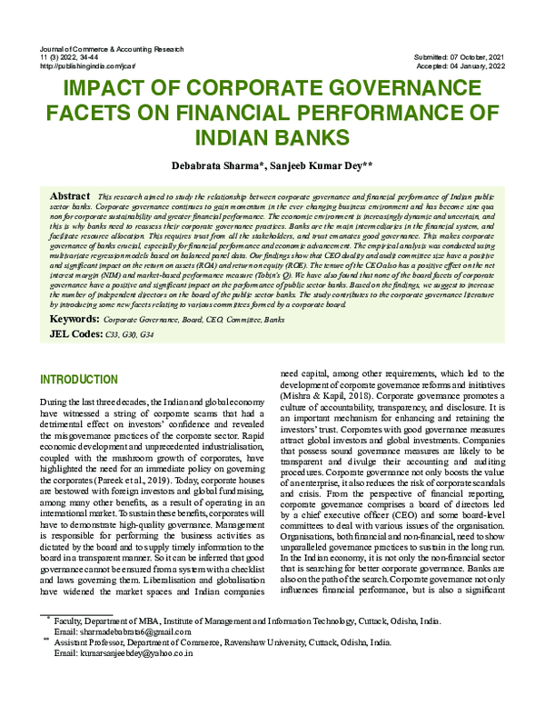 (PDF) Impact of Corporate Governance Facets on Financial Performance of Indian Banks