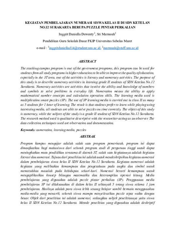 (PDF) KEGIATAN PEMBELAJARAN NUMERASI SISWA KELAS II DI SDN KETELAN NO ...