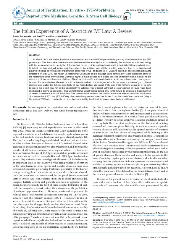 (PDF) The Italian Experience of A Restrictive IVF Law: A Review