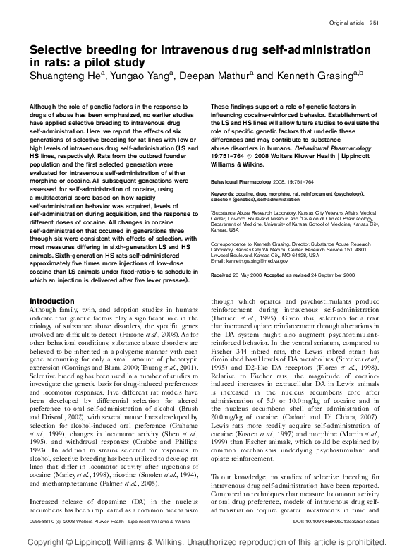 (PDF) Selective breeding for intravenous drug self-administration in ...