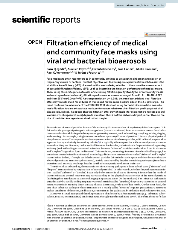 (PDF) Filtration efficiency of medical and community face masks using ...