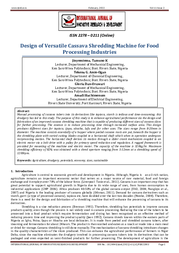 (PDF) Design of Versatile Cassava Shredding Machine for Food Processing Industries