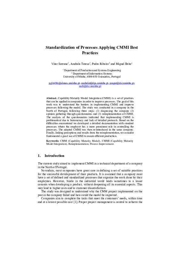 (PDF) Standardization of Processes Applying CMMI Best Practices