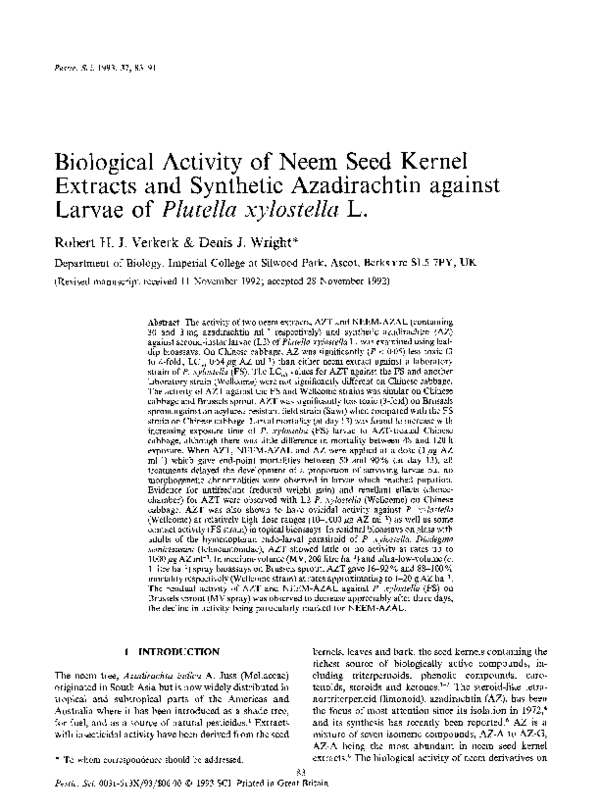 (PDF) Biological activity of neem seed kernel extracts and synthetic ...