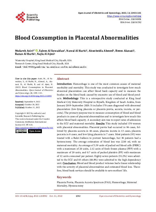 (PDF) Blood Consumption in Placental Abnormalities