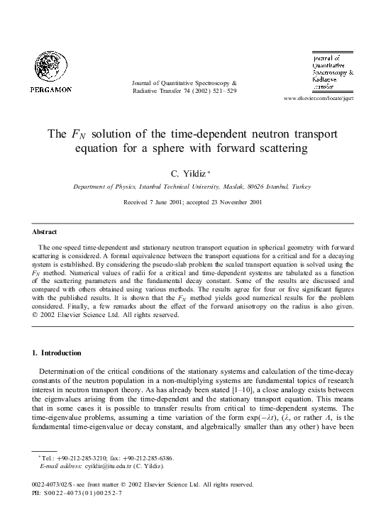 (PDF) The FN solution of the time-dependent neutron transport equation for a sphere with forward ...