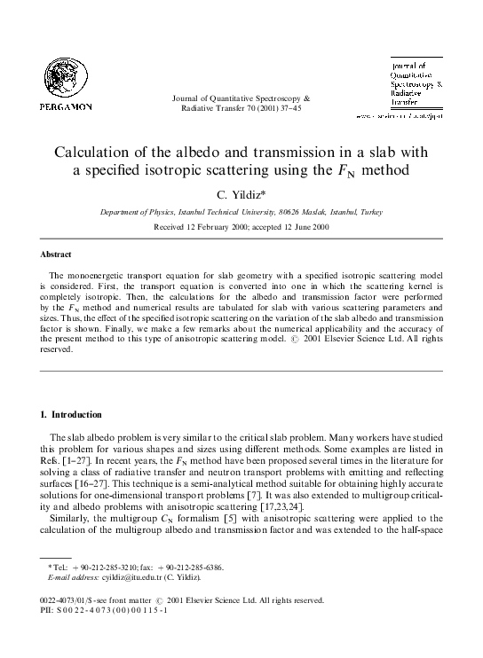 (PDF) Calculation of the albedo and transmission in a slab with a specified isotropic scattering ...