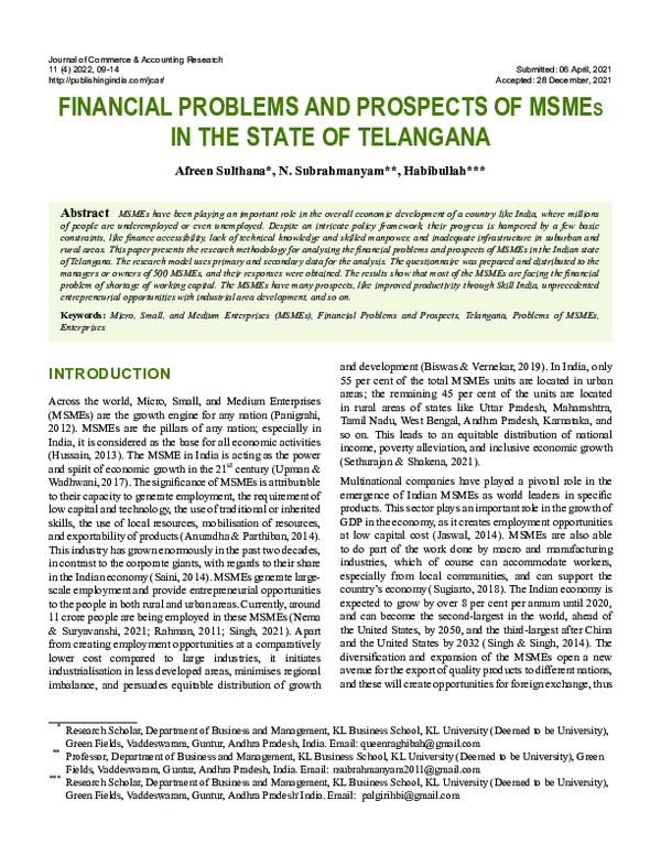 (PDF) Financial Problems and Prospects of MSMEs in the State of Telangana